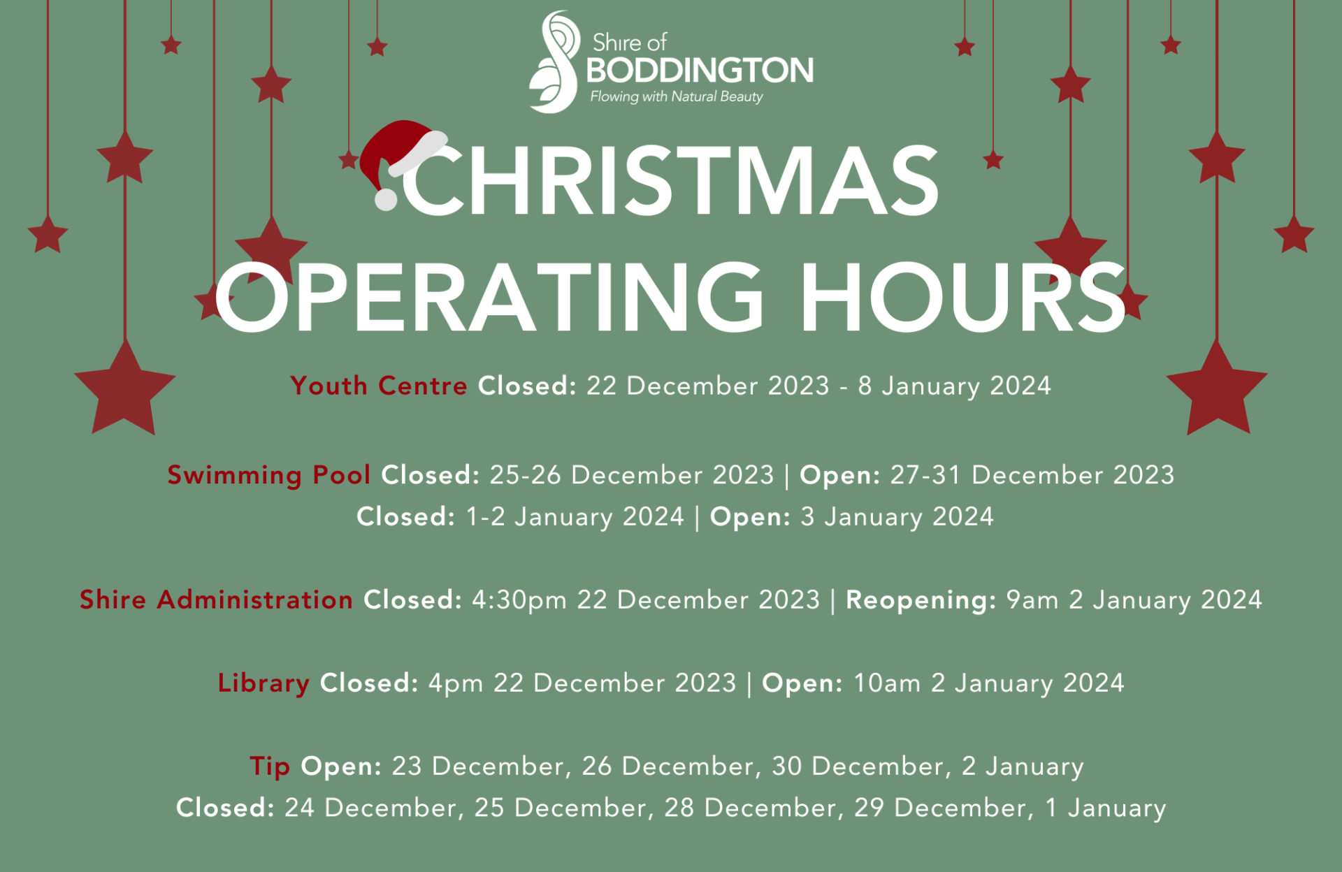 News Story - Christmas Operating Hours 2023-2024 » Shire of Boddington