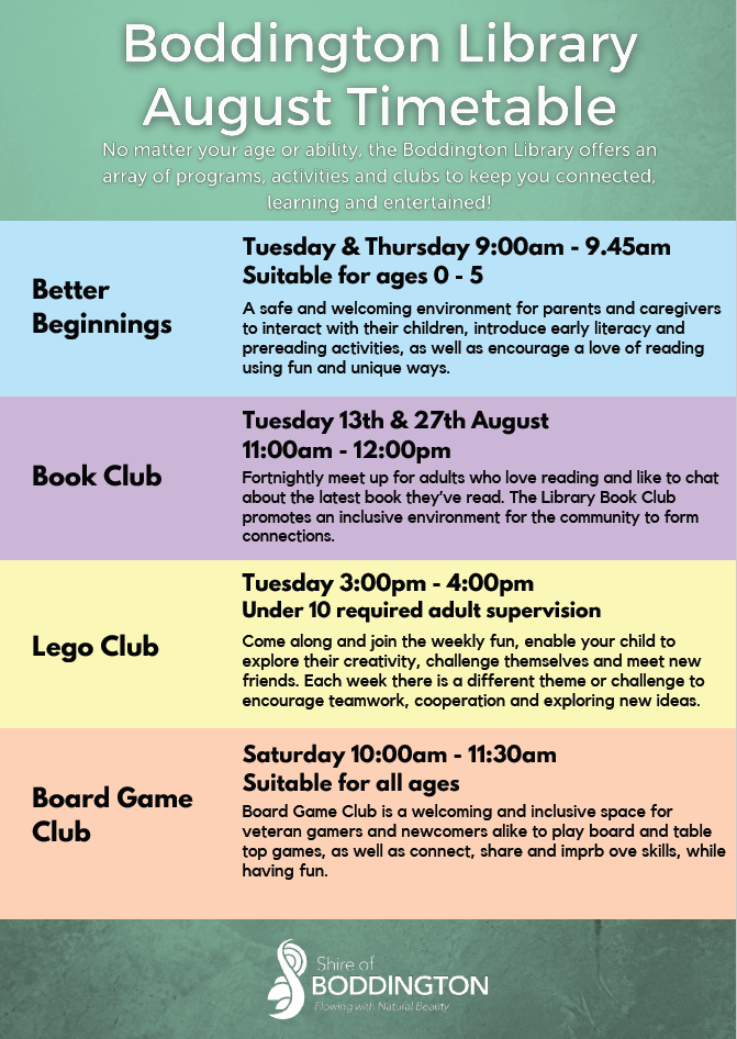News Story - Library August Timetable » Shire of Boddington